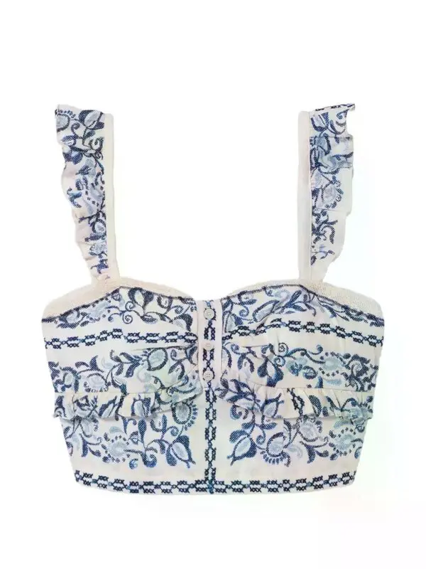 Claudie Pierlot Ruffled Floral-print Linen Bustier Top - Neutrals