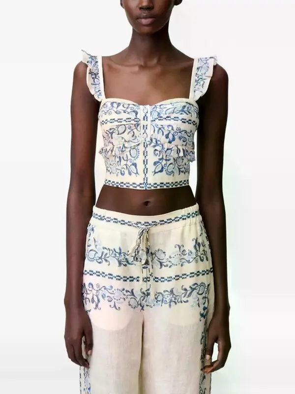 Claudie Pierlot Ruffled Floral-print Linen Bustier Top