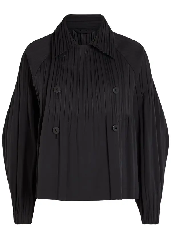 Issey Miyake Pleated Woven Double-breasted Coat - Black