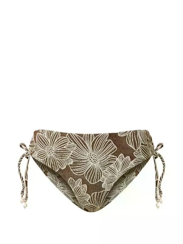 TWINSET Jacquard Bikini Bottoms With Floral Print And Pearl Embellishments - Brown
