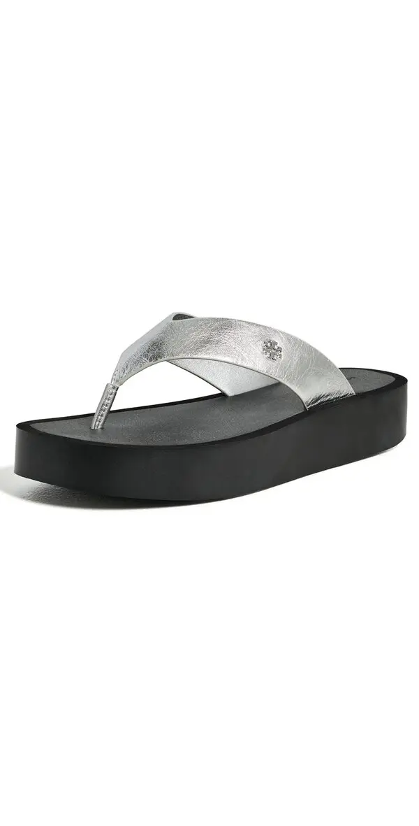 Tory Burch Leather Platform Flip Flops - Silver/perfect Black