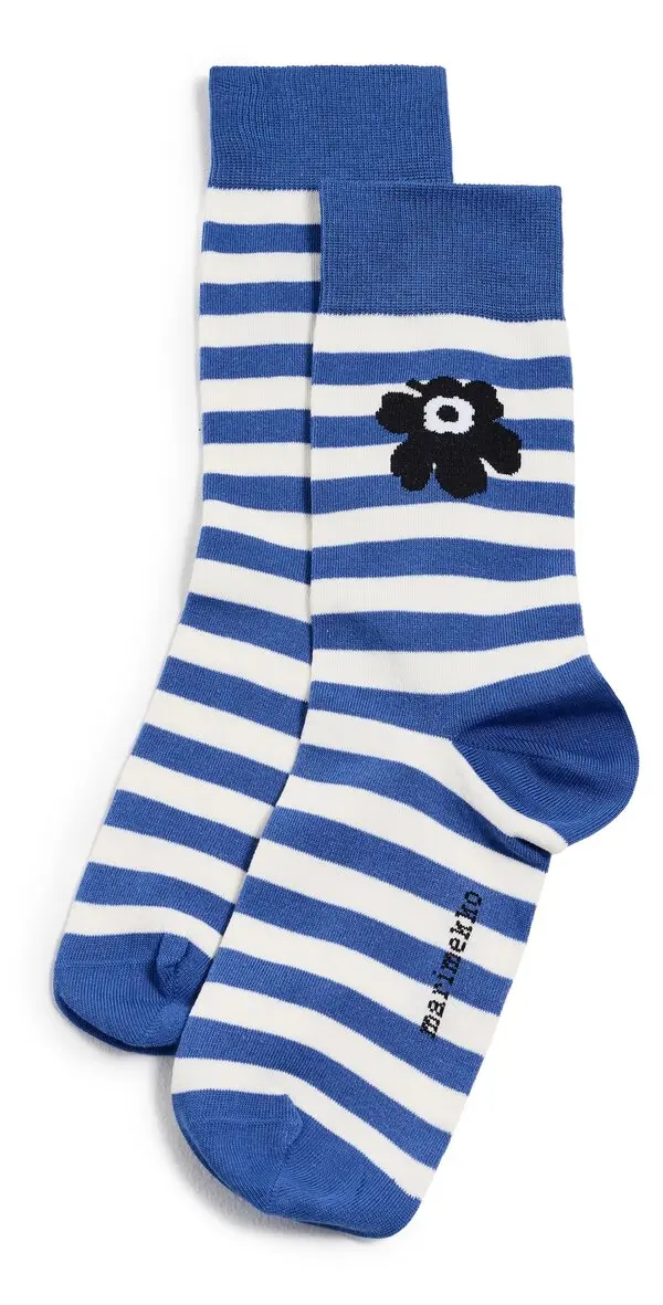 Marimekko Kasvaa Tasaraita Unikko Socks - Blue/off White/black