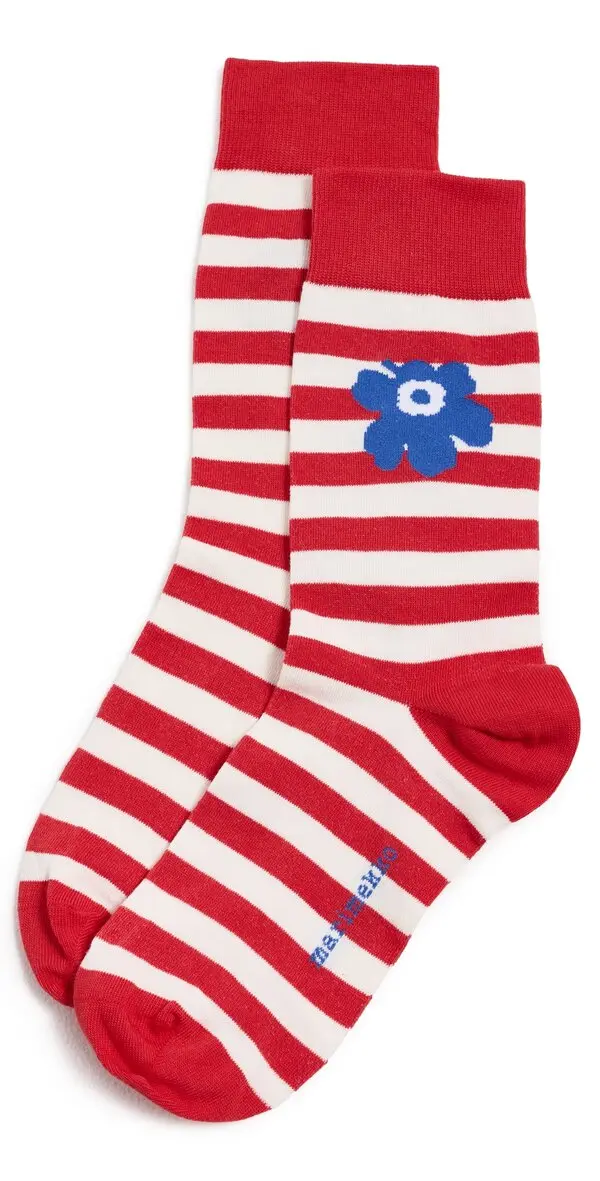 Marimekko Kasvaa Tasaraita Unikko Socks - Red/off White/blue