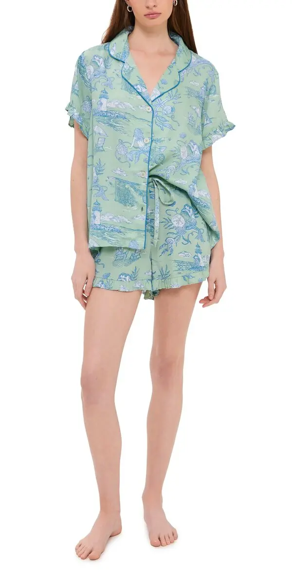 PRINTFRESH Satin Ruffle Pajama Set - Sea Foam