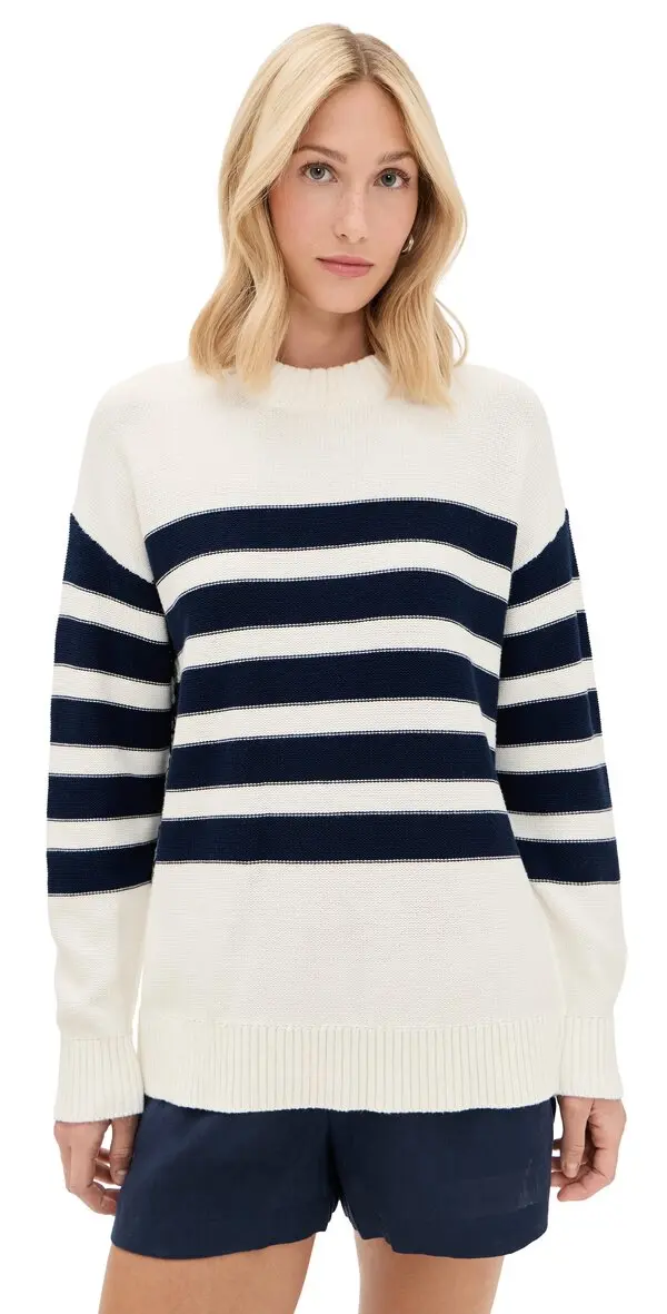PERFECTWHITETEE Oversized Crew Neck Sweater - Navy/sugar Stripe