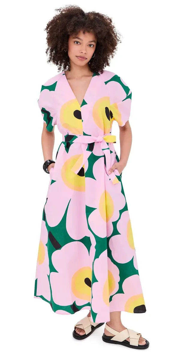 Marimekko Kaffet Unikko Dress - Green/light Pink/yellow