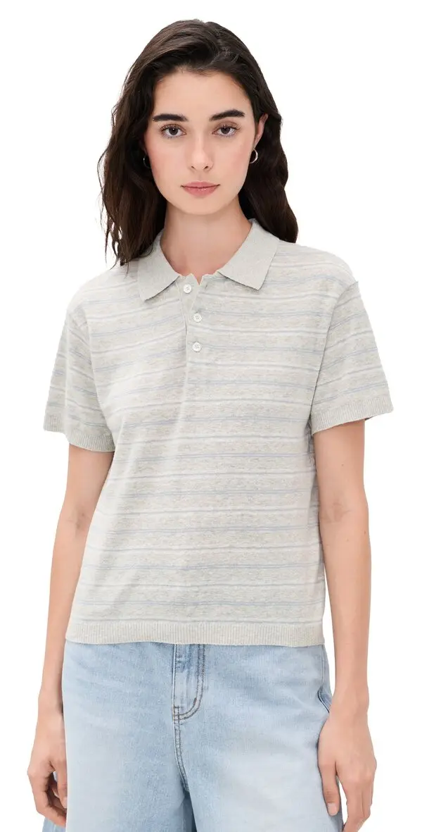 DUNST Linen Striped Polo Knit - Grey/soft Blue