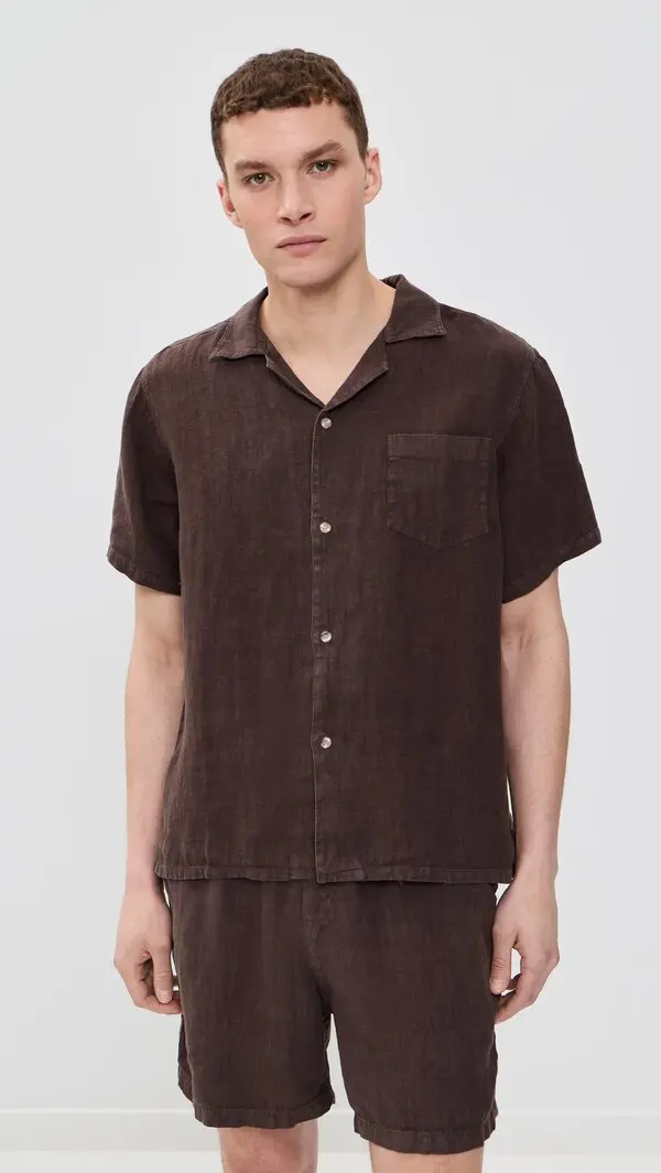 BATHER Short Sleeve Linen Camp Shirt - Espresso