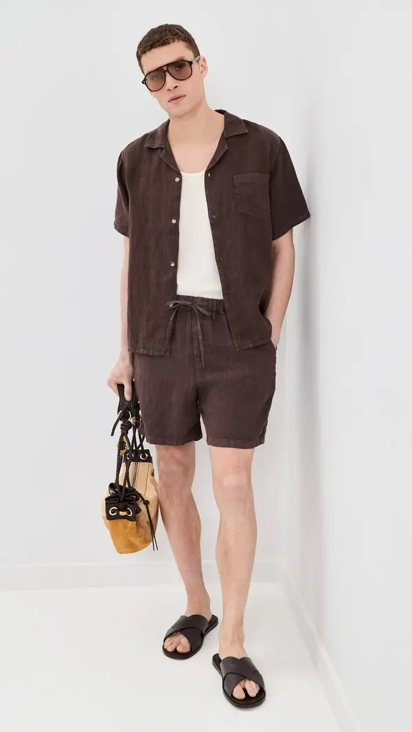 BATHER Short Sleeve Linen Camp Shirt - Espresso
