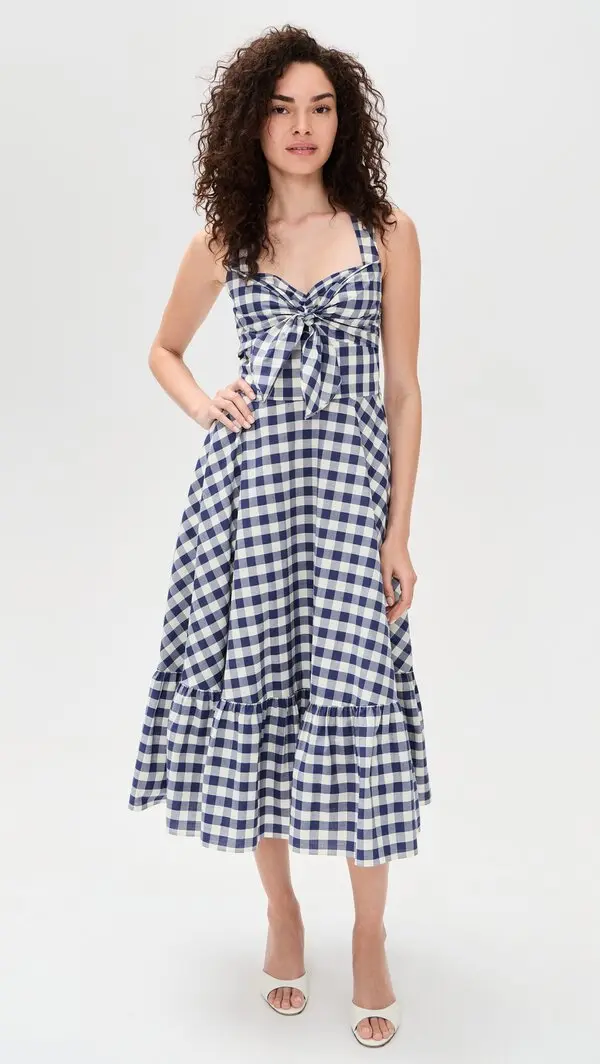Shoshanna Nellie Gingham Midi Dress With Bow Detail