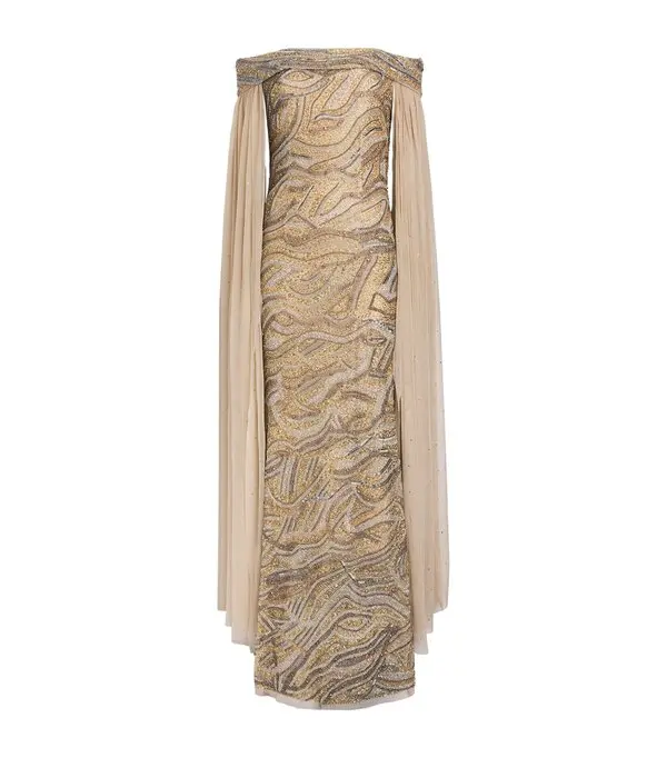 RAISHMA Tulle Embellished Cape Gown - Gold