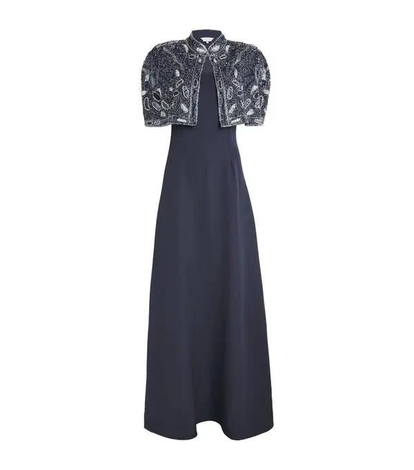 RAISHMA Embellished Giselle Cape Gown - Navy