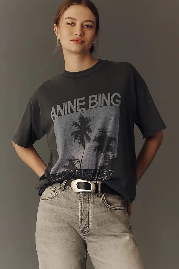 ANINE BING Cade 100% Cotton Palm Trees Graphic Tee - Washed Black