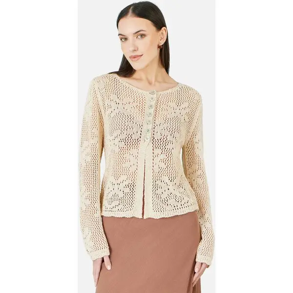 YUMI Flower Crochet Button-up Cardigan - Beige