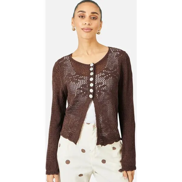 YUMI Flower Crochet Button-up Cardigan - Brown