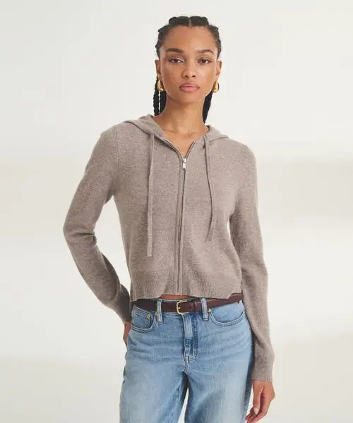 Naadam Cashmere Cropped Zip Up Hoodie - Timber