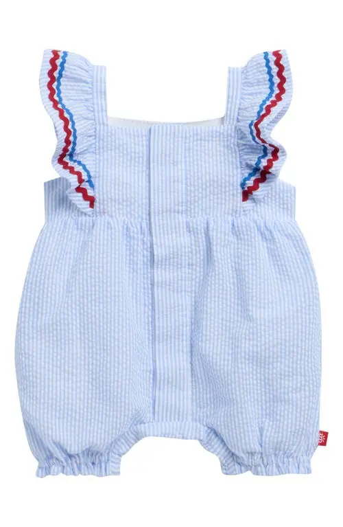MAGNETIC ME Stripe Cotton Seersucker Romper With Scalloped Trim - Blue