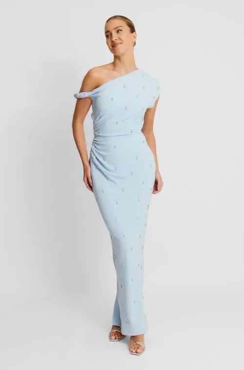 SIX STORIES Asymmetric Beaded Maxi Dress - Pale Blue