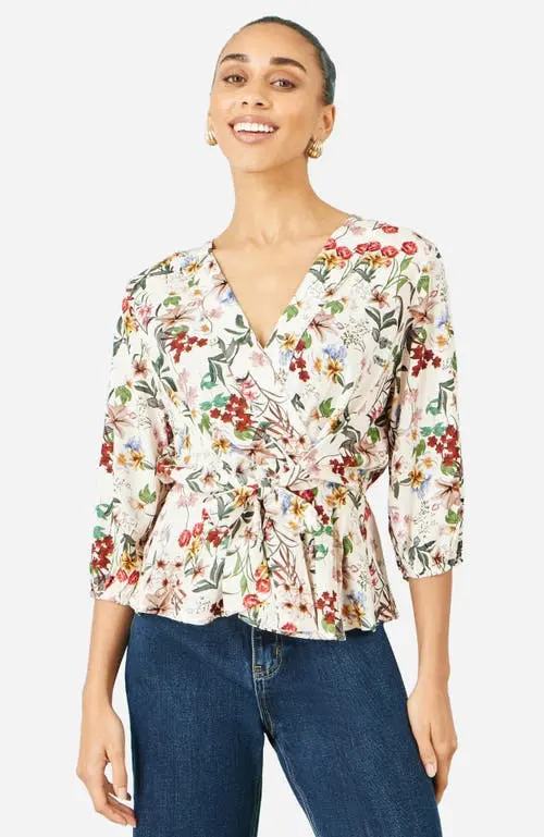 YUMI Viscose Botanical Print Wrap Blouse - Ivory