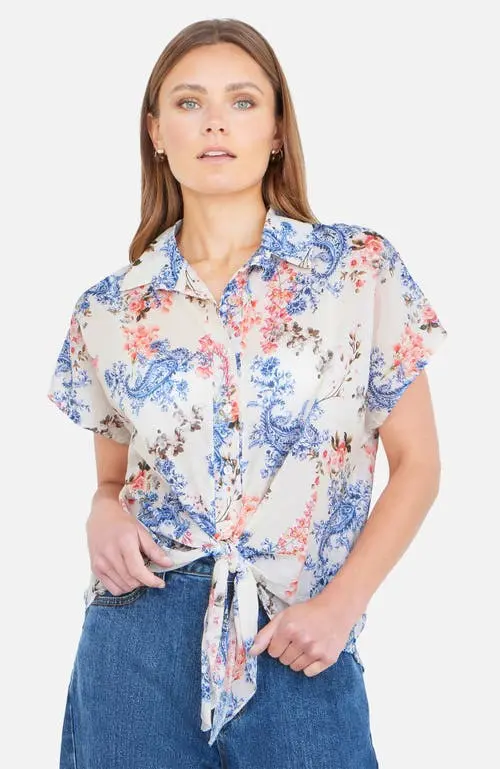 YUMI Cotton Paisley Print Tie-knot Shirt - White