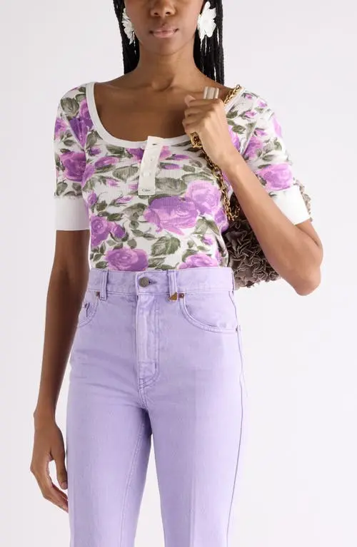 Chloé Rose Print Rib Jersey Henley - White - Purple