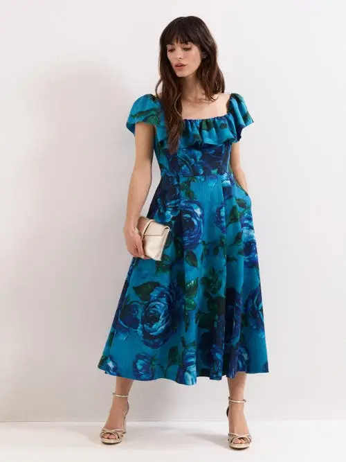 PHASE EIGHT Floral Linen Blend Bardot Midi Dress - Blue