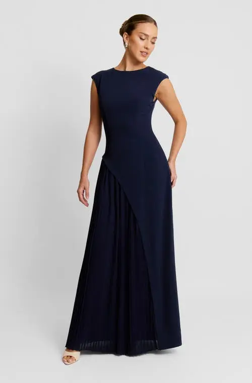 SIX STORIES Cap Sleeve Pleated Maxi Dress - Navy