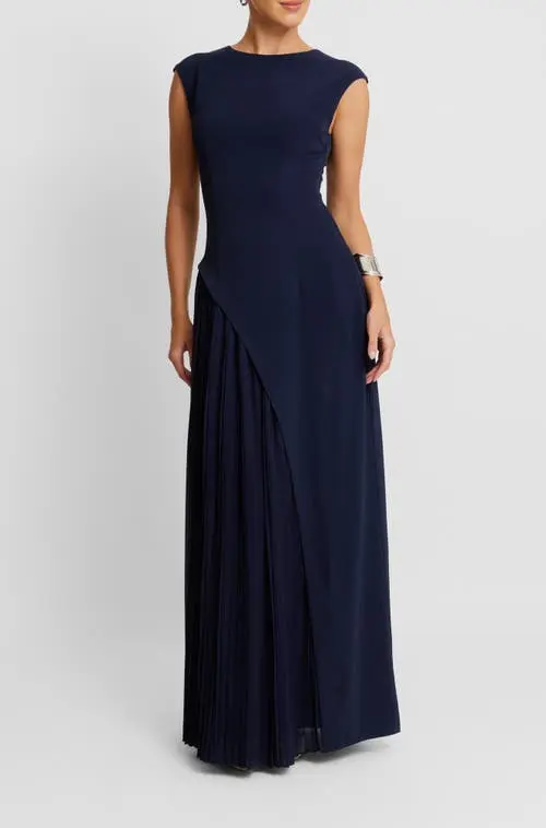 SIX STORIES Cap Sleeve Pleated Maxi Dress - Navy