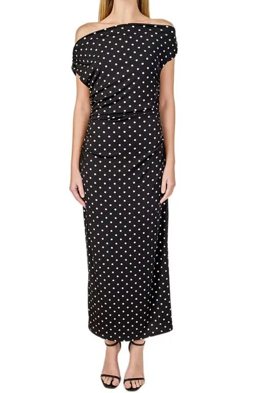 Endless Rose Asymmetric Polka Dot Column Dress - Black/white Dot