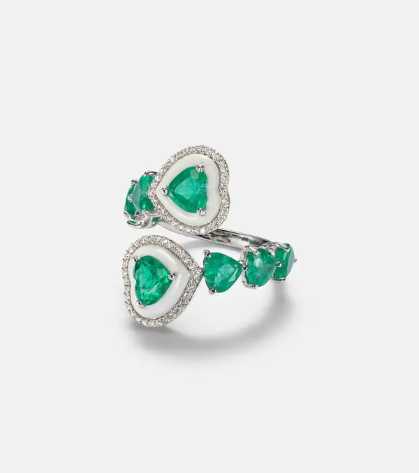 KAMYEN Heart 18kt White Gold And Enamel Ring With Emeralds And Diamonds - Silver