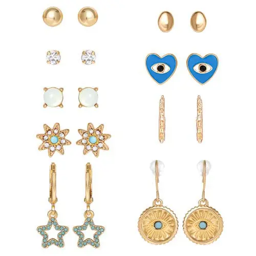 Jessica Simpson Gold-tone Evil-eye, Heart & Star Stud & Hoop Earring Set - Gold Tone