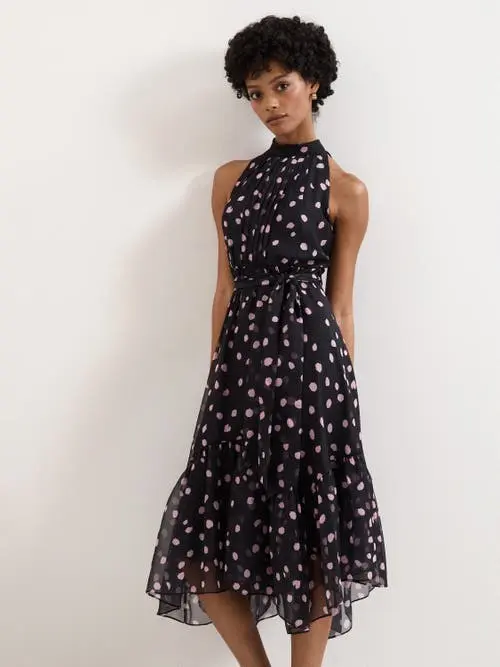 PHASE EIGHT Sleeveless Halterneck Polka Dot Midi Dress - Black