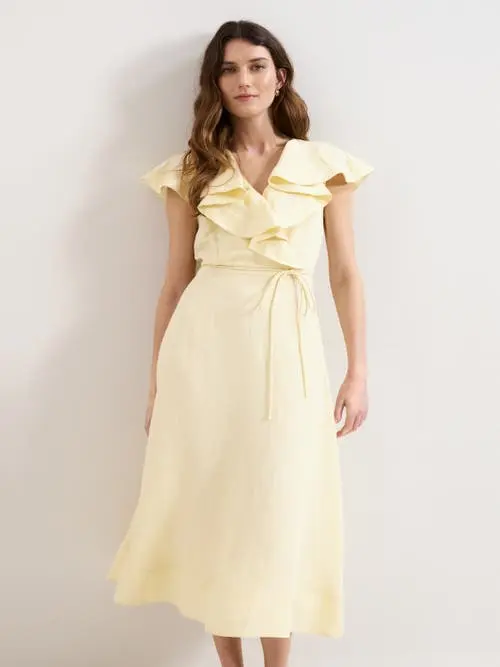 PHASE EIGHT Matilda Ruffle Linen Midi Dress - Pale Yellow