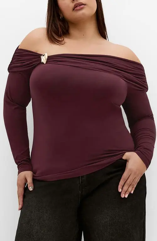 City Chic Ruched Off-the-shoulder Top - Bordeaux