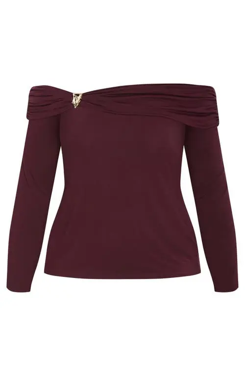 City Chic Ruched Off-the-shoulder Top - Bordeaux