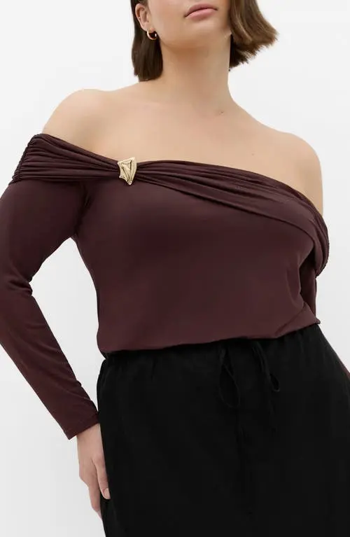 City Chic Ruched Off-the-shoulder Top - Chocolate