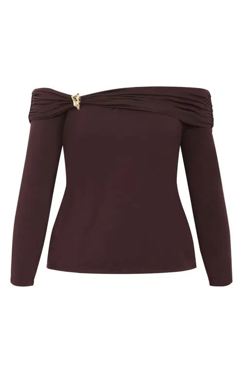 City Chic Ruched Off-the-shoulder Top - Chocolate