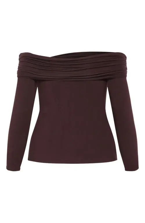 City Chic Ruched Off-the-shoulder Top - Chocolate