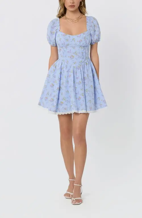 Astr The Label Ilianna Floral Border Print Minidress - Blue Floral Gingham