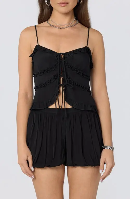 Astr The Label Kailey Tie Front Ruffle Trim Top - Black