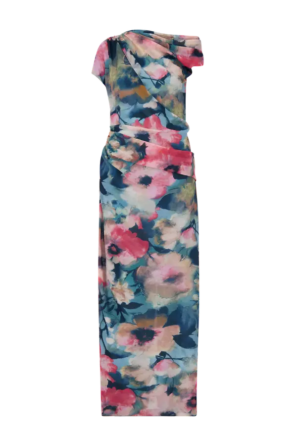 Lela Rose Printed Chiffon Draped Column Gown - Floral