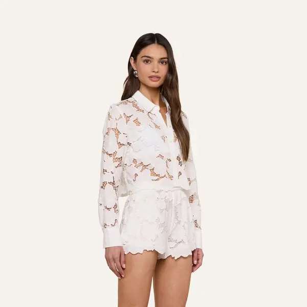 L'Agence Seychelle Cropped Eyelet Blouse Top - Ivory
