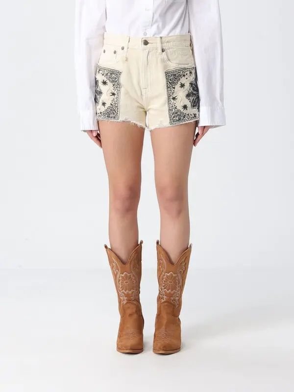 R13 Embroidered Denim Shorts - Beige