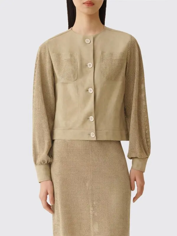 Fabiana Filippi Suede Jacket With Perforated Sleeves - Kaki