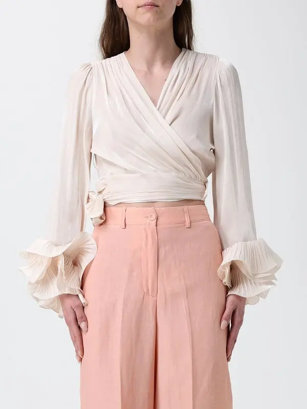 HANITA Cropped Draped Satin V-neck Blouse With Flared Sleeves - Yellow
