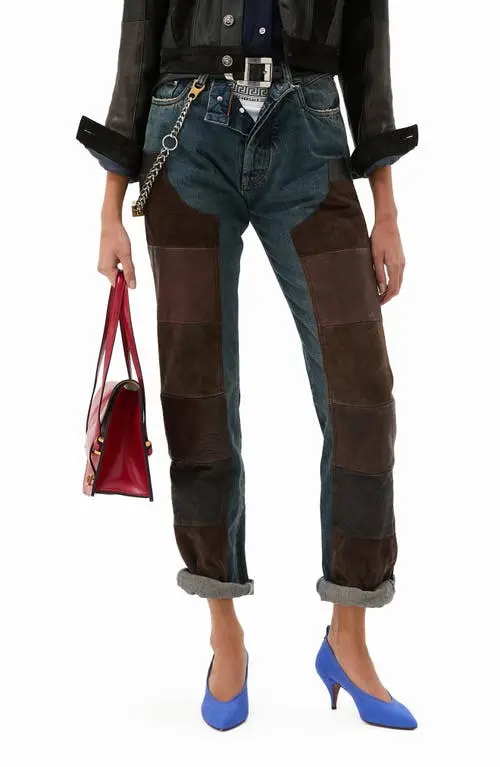 Versace Leather Patchwork Straight Leg Jeans - Dirty Blue Brown