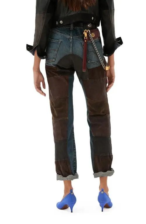 Versace Leather Patchwork Straight Leg Jeans - Dirty Blue Brown