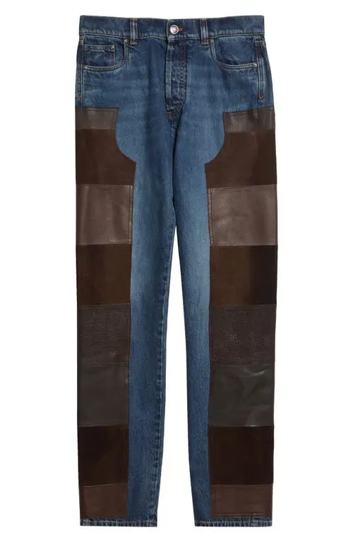 Versace Leather Patchwork Straight Leg Jeans - Dirty Blue Brown