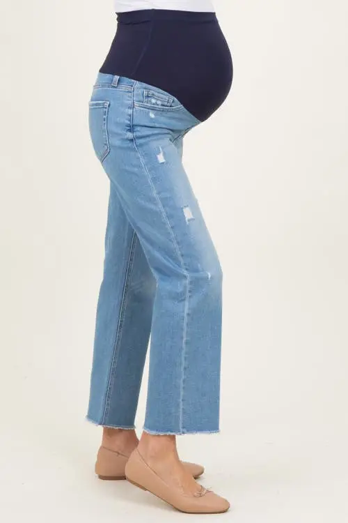 PINKBLUSH Distressed Cropped Straight Leg Maternity Jeans With Raw Hem
