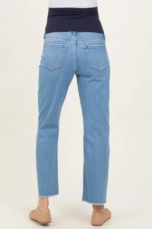 PINKBLUSH Distressed Cropped Straight Leg Maternity Jeans With Raw Hem